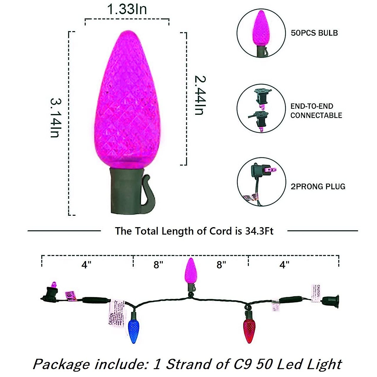 Dazhengyang Outdoor C7 Led Christmas Lights Warm White Commercial Grade Strawberry Holiday String Lights,50LED Green Wire 23Ft Heavy-Duty Wedding Party Colorful Decorative Lights Mood Lights