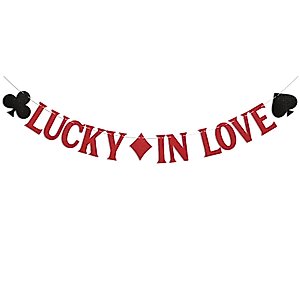 Lucky in Love Banner - Las Vegas Bridal Shower Decor, Casino Theme Blackjack Game Night Wedding Engagement Bachelorette Party Decorations Red Glitter