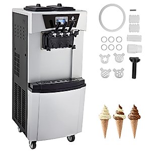 VEVOR Commercial Ice Cream Machine, 20-30L/H Yield, 2+1 Flavors Soft Serve Machine w/Two 7L Hoppers 1.8L Cylinders Puffing Pre-Cooling Shortage Alarm, 2450W Frozen Yogurt Maker for Snack Bar Café