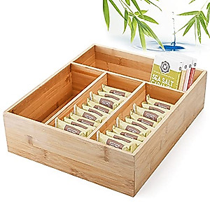 DEAYOU Bamboo Organizer Bin, 100% Bamboo Divided Storage Box, 4-Compartments Cutlery Tray Desktop Holder for Kitchen, Coffee Sugar Tea Bags, Seasoning Spice Packet Pouch, Food, Snack, Shelf, Open Top