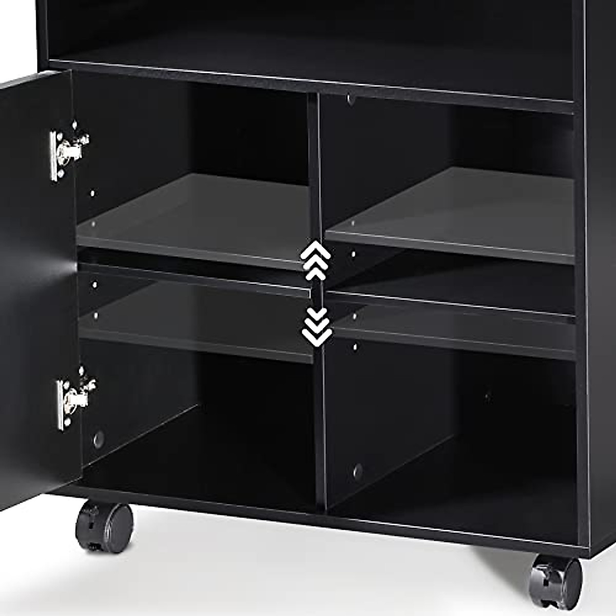 FITUEYES Printer Stand with Storage Adjustable Shelves, Wood Mobile Cart with Door, Rolling File Cabinet on Wheels for Home Office, Black, PS406001WB