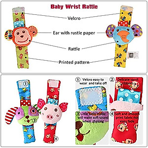 ThinkMax Wrist Foot Rattles for Baby, 8 Pcs Soft Animal Wrist Rattles and Foot Finder Socks - Elephant, Monkey, Piggy and Puppy