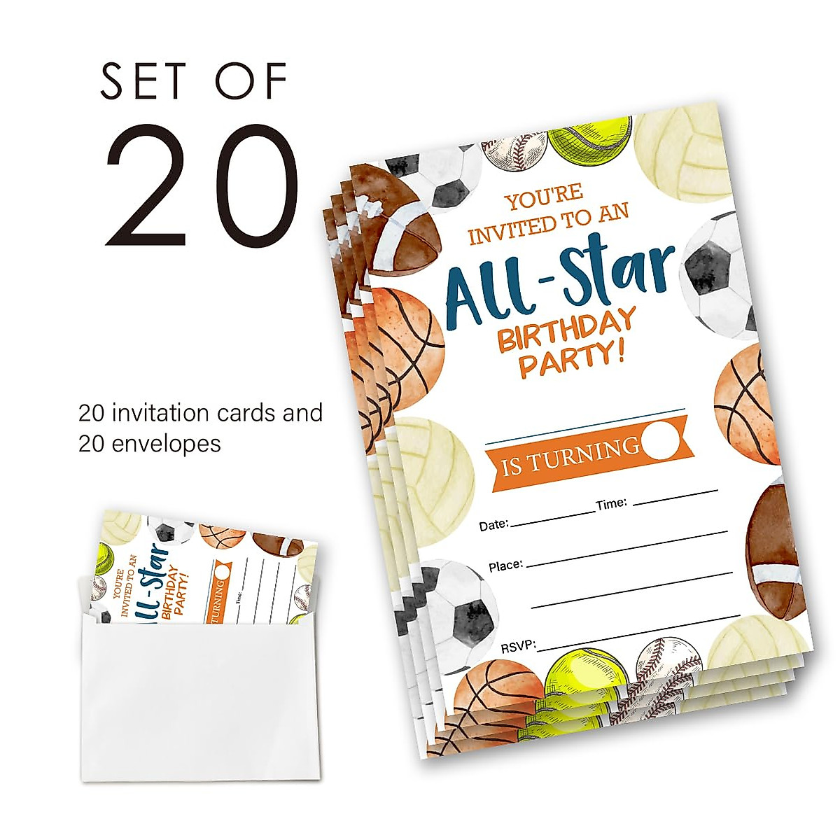 EUDOSI Colorful Sports Theme Birthday Party Invitations Supplies Fill-In Set of 20 with Envelopes Football Baseball Basketball Sports Birthday Bash Invites Cards, Double Sided