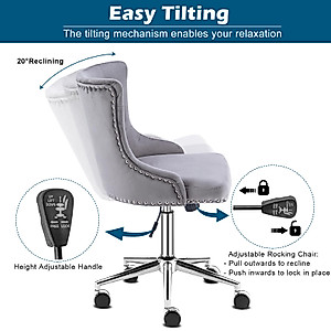 VINGLI Grey Velvet Armless Home Office Desk Chair with Gold Base/Wheels, Small Cute Vanity/Makeup Chair with Back for Bedroom, Upholstered Adjustable Rolling Swivel Nail Chair for Women/Girls