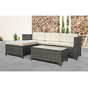 SUNVIVI OUTDOOR Patio Furniture, 5 Piece All Weather Grey PE Wicker Patio Sectional Furniture Conversation Sofa Set with Coffee Table, Removable Cushions