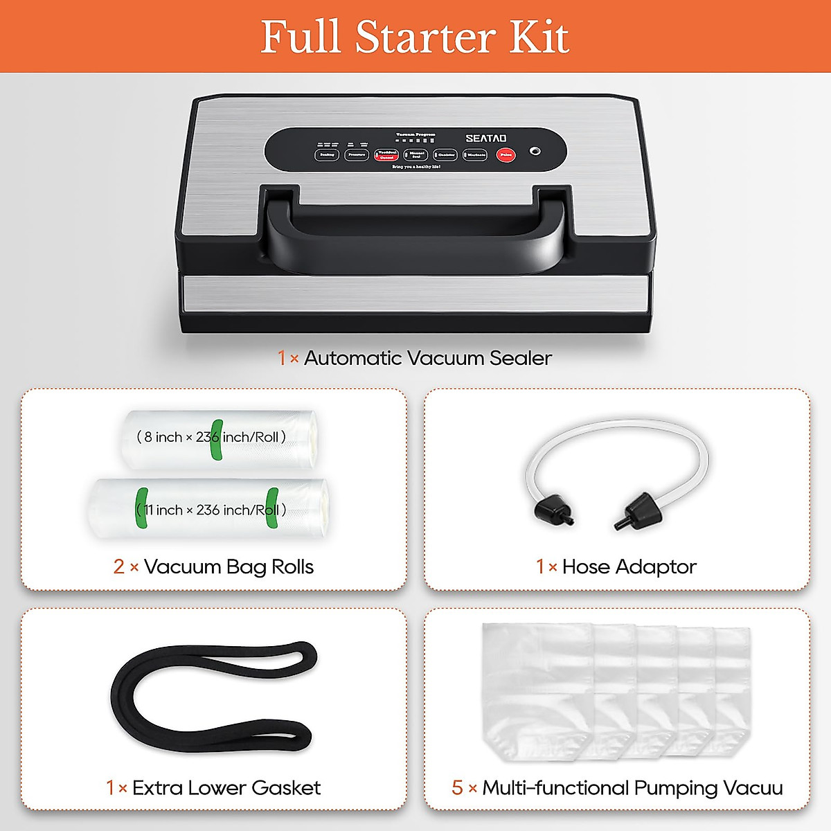 Seatao Commercial Vacuum Sealer Machine,90Kpa Multifunctional Food Saver Vacuum Sealer Machine with Dry/Moist Modes and LED Indicator Lights,Handle Locked Design,For Sous Vide and Air Tight Food Storage,Silver