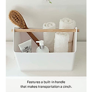 YAMAZAKI Home Storage Organizer/Cleaning Caddy/Storage Basket With Handle, Plastic + Wood, Handle, No Assembly Req.