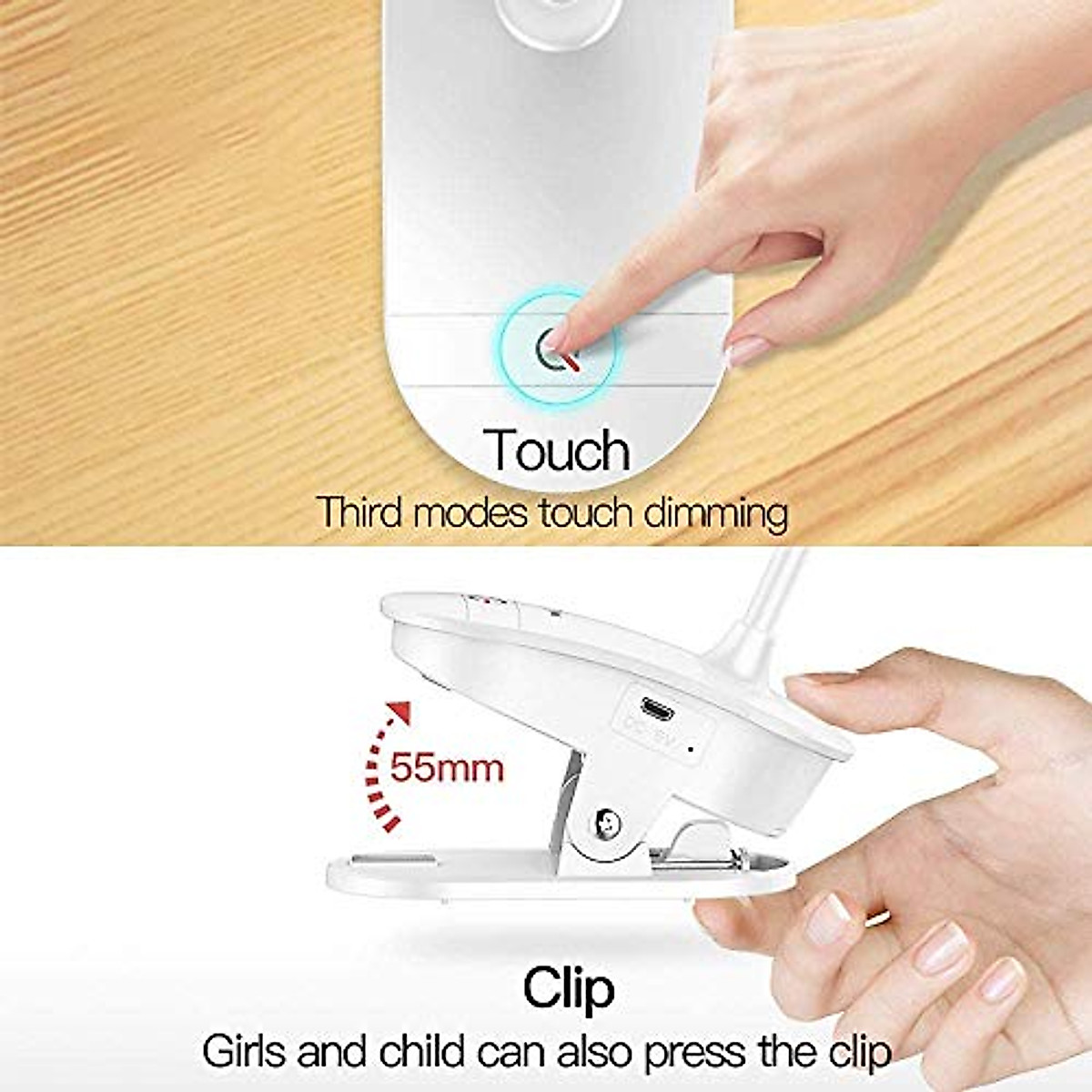 Clip on Lamp,Battery Powered Reading Lamp,Clip on Light for Bed Clip on Battery Light with 3 Brightness Level,USB Rechargeable, Reading Lamp