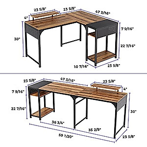 It's_Organized Reversible L Shaped Desk with Monitor Stand,58x47 inch Corner Desk,Study Writing Computer Table with Storage Shelves for Home Office,Rustic Brown/Black