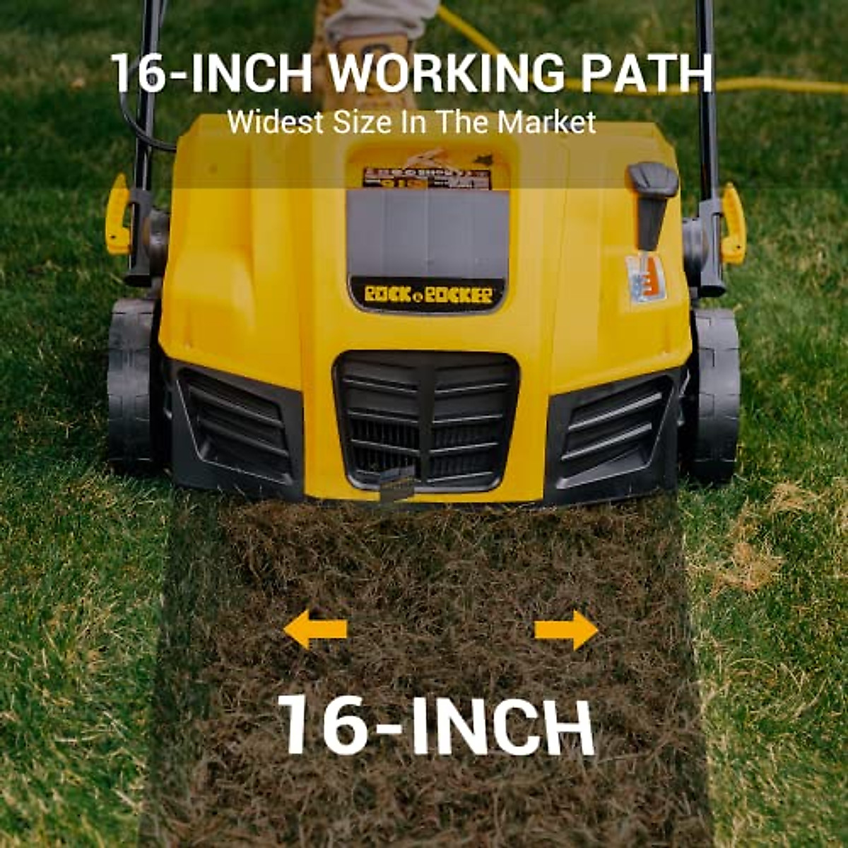 Rock&Rocker 2-in-1 16INCH Dethatcher Scarifier, 15 Amp Electric Lawn Dethatcher, 5 Working Depth Adjust, 48.4QT Removable Collection Bag, for Lawn Health, Yellow (REDM16A)