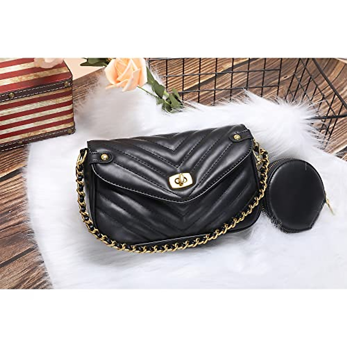 Montana West Quilted Small Crossbody Bags for Women Trendy Designer Shoulder Purses and Handbags with Coin Purse, 2PCS Set (Black)