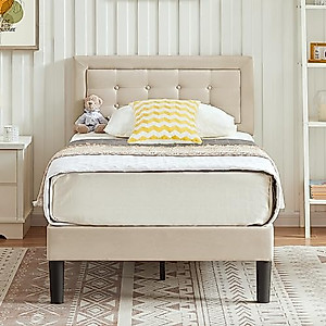 VECELO Twin Size Upholstered Bed Frame with Height Adjustable Fabric Headboard, Heavy-Duty Platform Bedframe/Mattress Foundation/Strong Wood Slat Support/No Box Spring Needed, Beige