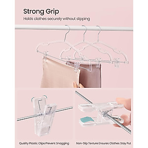 SONGMICS Pants Hangers 30 Pack, Clear Plastic Hangers, 16 x 8.9 Inches, Skirt Hangers with Adjustable Clips, Wide Shoulder Notches, 360° Swivel Hook, for Pants, Skirts, Dresses, Clear UCRP075W01