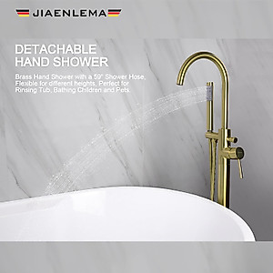 Freestanding Bathtub Faucet Brushed Gold Floor Mount Tub Filler with Single Handle, Free Standing Tub Faucet with Swivel Tub Spout, Modern Tub Shower Faucet with Hand Shower 59〞 Shower Hose JIAENLEMA