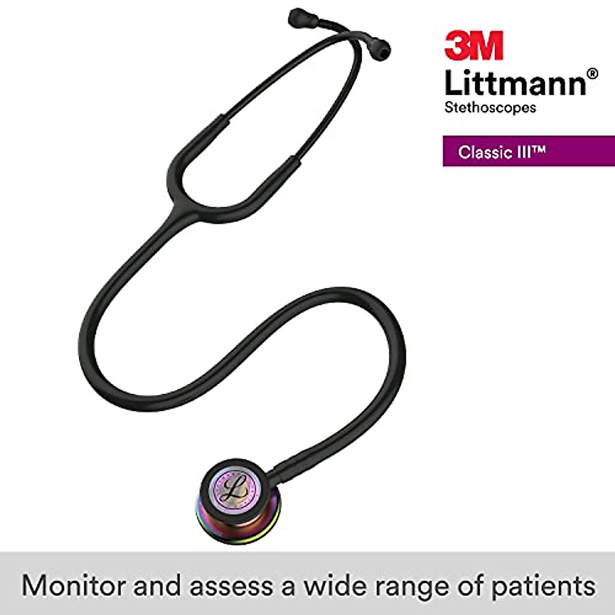 3M Littmann Classic III Monitoring Stethoscope, 5870, More Than 2X as Loud*, Weighs Less**, Stainless Steel Rainbow-Finish Chestpiece, 27" Black Tube, Stem and Headset