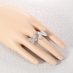 U/B Double Butterfly Rings for Women Natural Opal Ring Ladies Fashion Hand Jewelry AAA Cubic Zirconia Adjustable Ring (Silver)