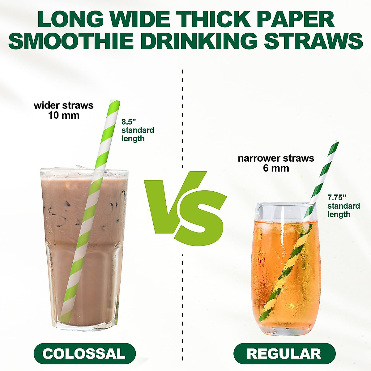 [10mm Wide] 8.5 inch Colossal Paper Straws for Smoothie & Milkshake - Colorful Stripes (Pack of 100)