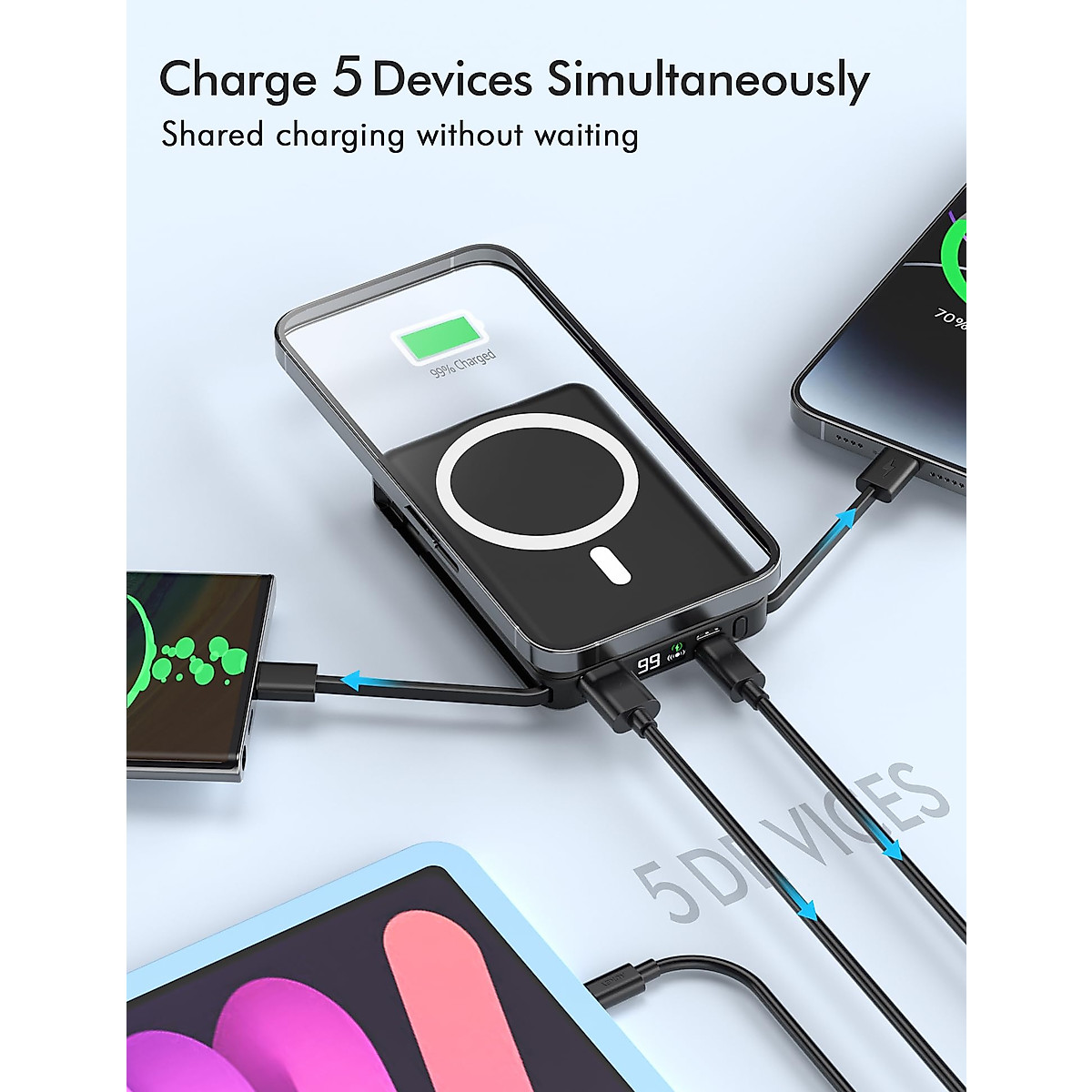 podoru Wireless Portable Charger, 10000mAh Magnetic Power Bank Built-in USB C Lighting Cables 22.5W PD Fast Charging LED Display Mag-Safe Battery Pack for iPhone 15/14/13/12/Mini/Pro/Pro Max - Black