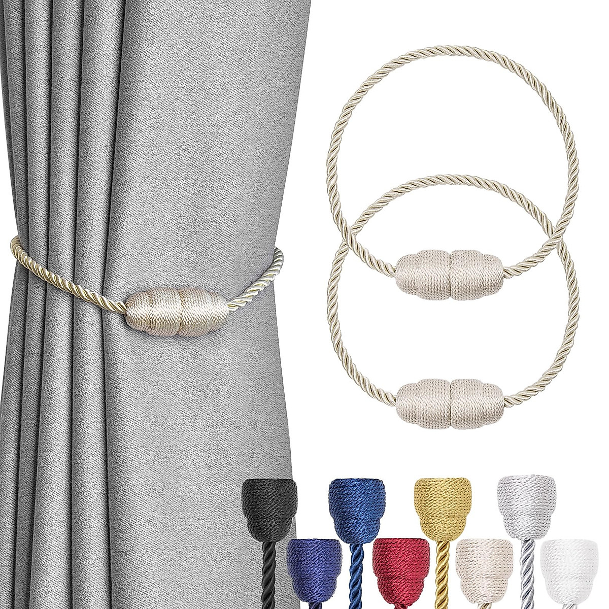 NICEEC 2 Pack Strong Magnetic Curtain Tiebacks Handmade Weave Side Rope Curtain Holdbacks Unique & Elegant Decorative Curtain Drape Tie Backs for Home & Office & Outdoor Window Drapery (Beige)