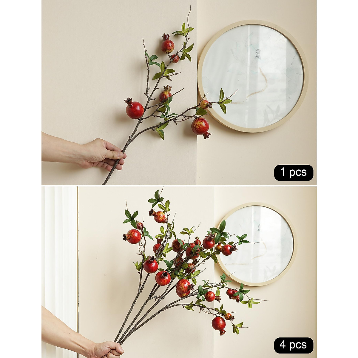 Forlaoers 4pcs 31" Tall Red Berries Pomegranate Faux Plants Stem Fake Tree Branches with Fruits Leaves Artificial Flowers for Outdoors Home Decor Office Fall Wedding Engagement Party Decorations