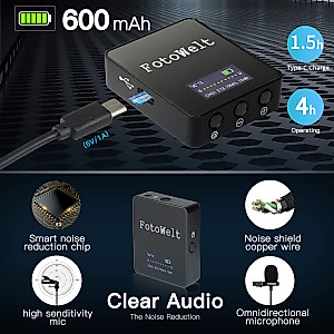 Wireless Lavalier Microphone, Lapel Microphone for DSLR Camera with OLED Display, Realtime Monitoring, Wireless Lav Mic for Podcast Interview Vlogging Youtube Video Recording