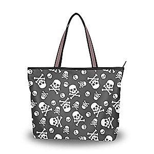 Tote Bag Skull Crossbones Print, Large Capacity Zipper Women Grocery Bags Purse for Daily Life 2 Sizes