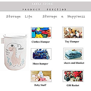 LEELI Laundry Hamper with Handles Collapsible Canvas Laundry Basket,Waterproof Storage Basket Home Organizer for Nursery,Clothes,Toys,Baby Hamper19.7×15.7(pink dinosaur)