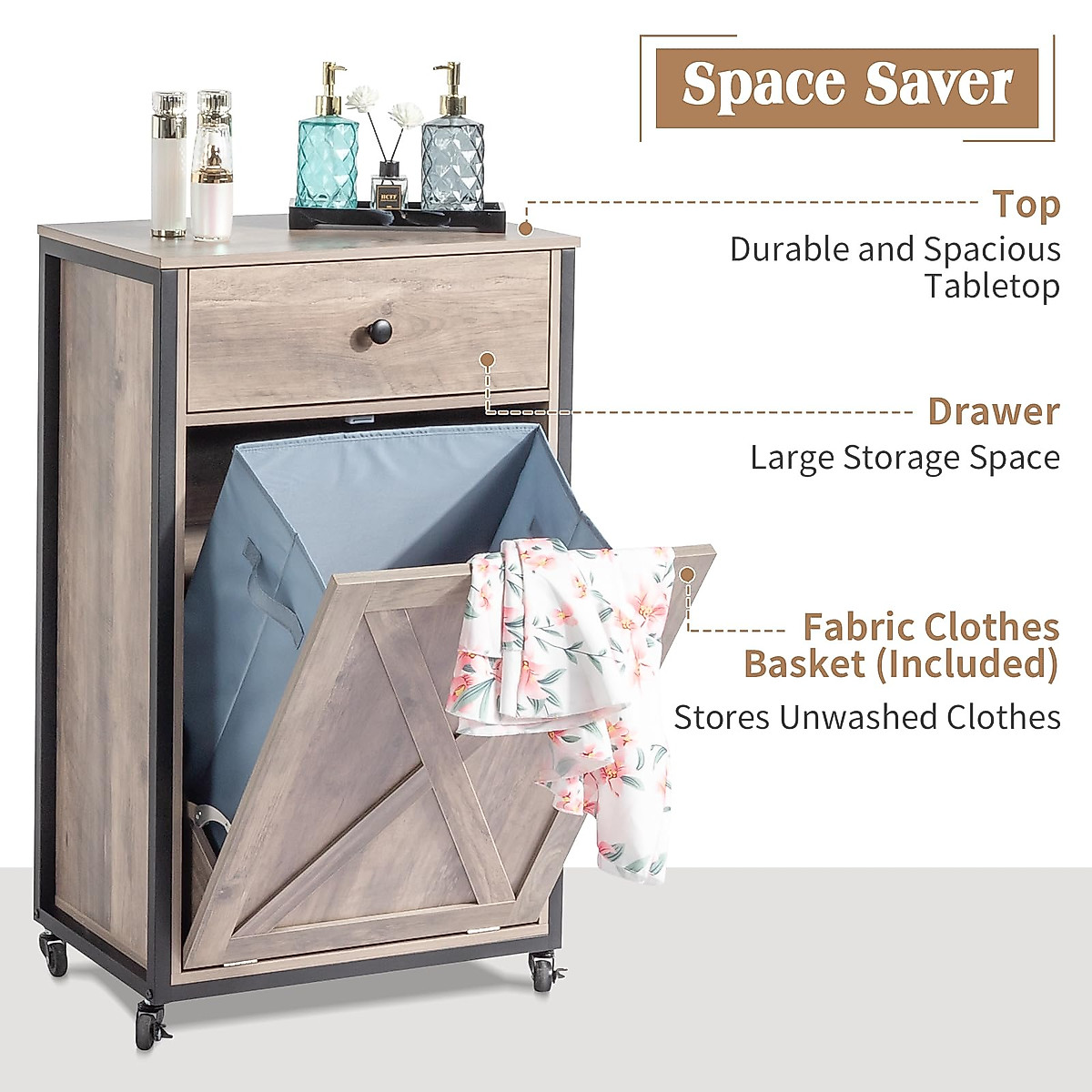 Karl home Tilt Out Trash Can Cabinet for Kitchen, Tilt Out Laundry Hamper Cabinet with Drawers and Lockable Wheels, Bathroom Laundry Cabinet with 10 Gallon Dirty Clothes Basket, Grey