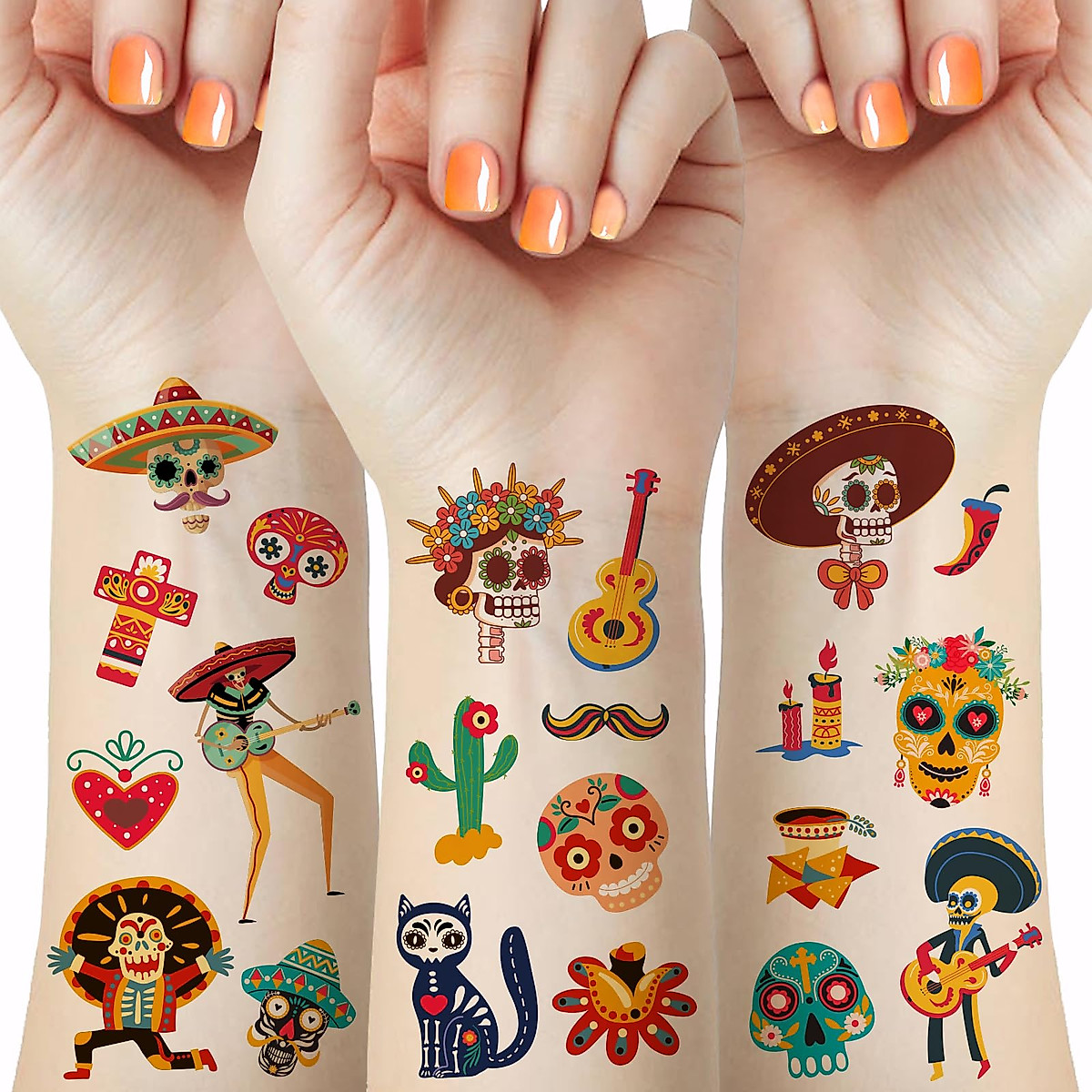65 Pieces Mexican Day Of The Dead Temporary Tattoos for Kids, Sugar Skull Guitar Floral Skeleton Cactus Tattoo Stickers for Halloween Decorations Dia de Los Festival Carnival Party Favor Supplies