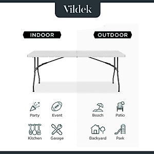 VILDEK 6ft Folding Dining Table, Plastic, White, 300lbs Load Capacity, Portable, Indoor-Outdoor Use, Foldable