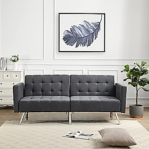 75"Convertible Folding Futon Sofa Bed,Split Back Design,Modern Fabric Sleeper Couch Bed with Armrest and Chrome Legs,Upholstered Recliner Loveseat for Living Room Apartment Dorms Office (Dark Grey)