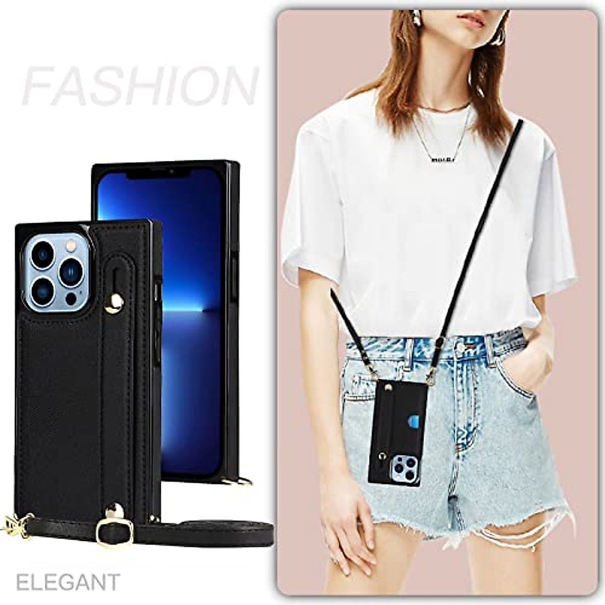 CCSmall for iPhone 13 Mini Wallet Case for Women,Removable Adjustable Strap Crossbody Card Holders Cover Neck Strap Lanyard Purse Shoulder Strap Kickstand Purse Case for iPhone 13 Mini KB Black