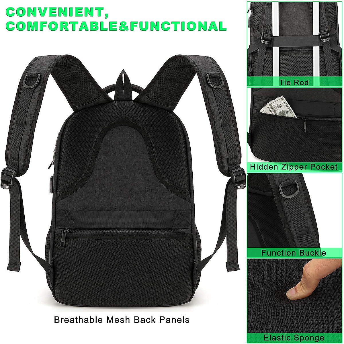 Tzowla Travel Laptop Backpack,Durable Water Resistant Anti-Theft 50L Extra Large 17.3 Inch with USB Charging Port and Lock Fit Computer Business Bookbag for Women Men Gift-Black