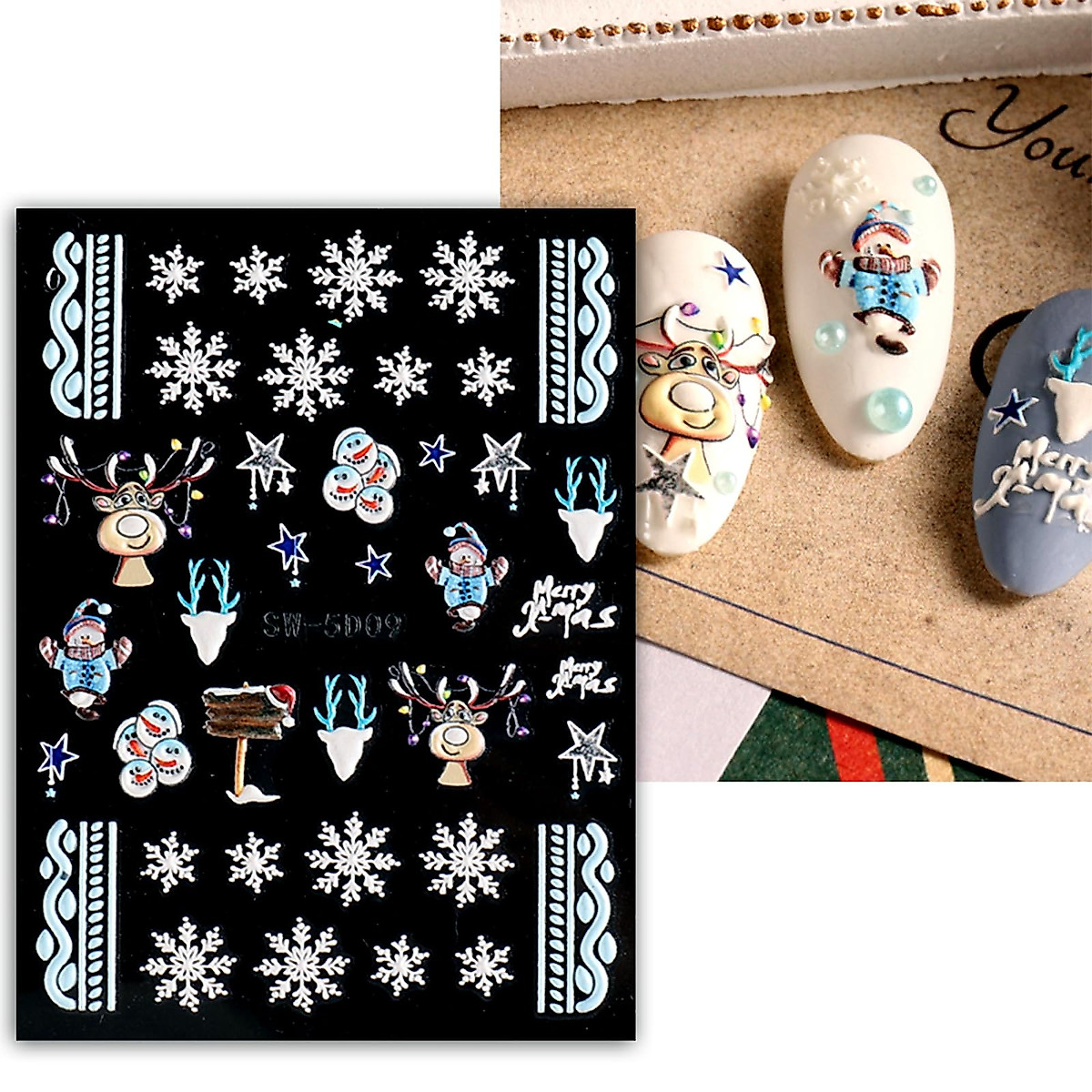 JMEOWIO 3D Embossed Christmas Nail Art Stickers Decals Self-Adhesive Pegatinas Uñas 5D White Snowflake Xmas Winter Holiday Nail Supplies Nail Art Design Decoration Accessories 4 Sheets