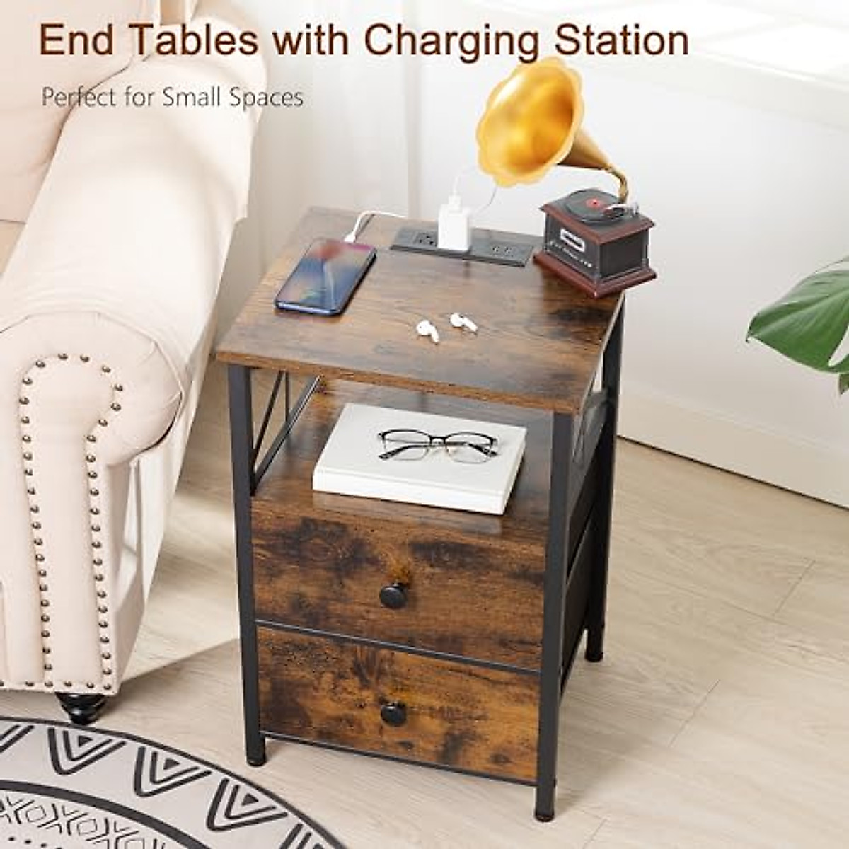 AMHANCIBLE End Table Living Room with Charging Station, Side Table with Fabric Drawer, Small Side Table with USB Ports and Outlets for Small Spaces Rustic Brown and Black HET05XBR1