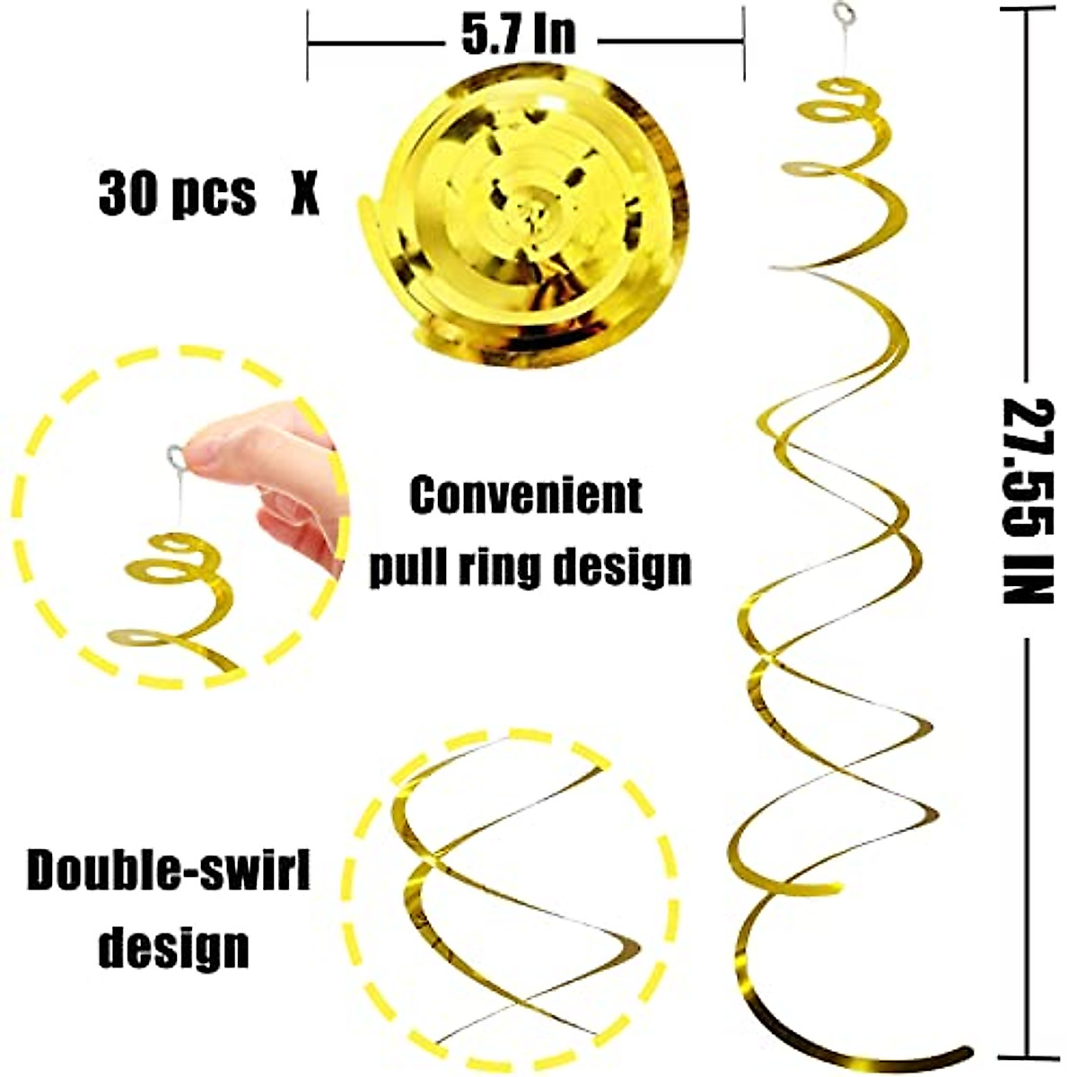 30 Pcs Gold Hanging Swirl Party Decorations,Sparkle Gold Birthday Ceiling Decorations,Streamers for Wedding Party Anniversary Graduation Christmas (Gold)