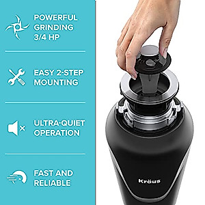 Kraus KWD100-75MBL WasteGuard Continuous Feed Garbage Disposal with 3/4 Horsepower Ultra-Quiet Motor for Kitchen Sinks with Power Cord and Flange Included, 15.25 inch, Black