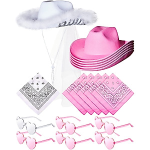 Jecery Bachelorette Party Set: Bride Cowgirl Hat with Veil, 5 Pink Hats, 6 Heart Sunglasses, and 6 White & Pink Bandanas for Last Rodeo