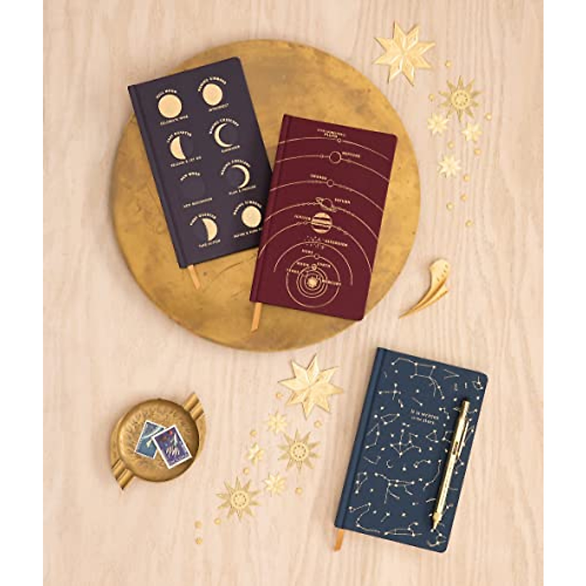 Designworks Ink Cloth Hardcover Journal Notebook with Lined Pages and Ribbon Marker for Work, Writing, Journaling - Charcoal Blue Journal with Gold Moon Phases and Affirmations 5.125" x 8.25"