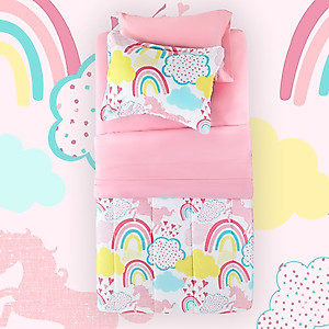 Sonive Girls Twin Comforter Set, Breathable, 5 Pieces with 1 Comforter(66"x90"), 1 Fitted Sheet, 1 Flat Sheet, 1 Pillow Sham, 1 Pillowcase Gift Choice, Rainbow Unicorn