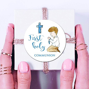 Blue First Holy Communion Stickers, 2 Inch Boy Religious Favor Stickers Labels 40-Pack