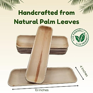 Dtocs Palm Leaf Sushi Tray (10) | 13 x 4 Inch Bamboo Plate Like Disposable Sushi Serving Tray Set, Chicken Wings Serving Tray for Luau, Wedding Parties | Compostable Alternate to Rectangle Paper Plate