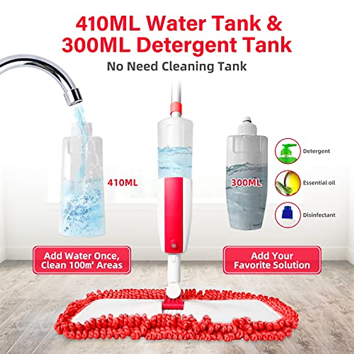 DDSNTY Mops,Spray Mops for Floor Cleaning,Spray Mop with Washable Pad,Kitchen Dry & Wet Mop with 410ML&300ML Refillable Bottle 4 Reusable Washable Pads for Hardwood Laminate Wood Tiles Floor Red…