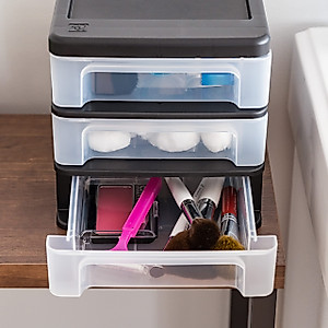 IRIS USA Small 3-Drawer Plastic Desktop Organizer, 2 Pack, Stackable Office School Stationery Makeup Bathroom Utility Medical Supplies Desk Organizer Versatile Storage, Black
