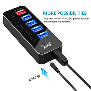 Powered USB Hub, atolla Aluminum 5-Port USB 3.0 Hub with 4 USB 3.0 Data Ports and 1 USB Smart Charging Port, USB Splitter with 5V/3A Power Adapter and Individual Switches