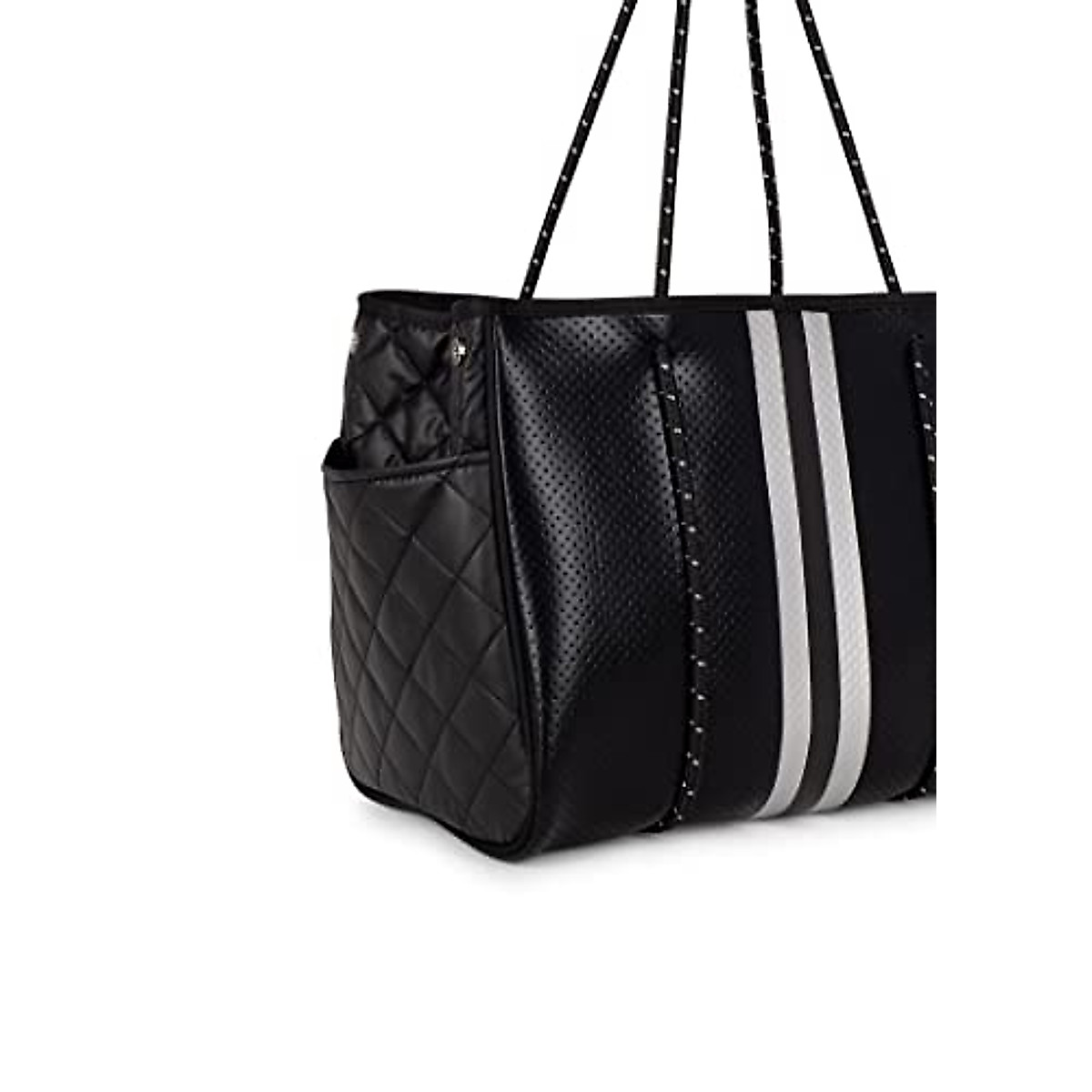 Haute Shore - Greyson Carbon Neoprene Tote Bag w/Zipper Wristlet Inside,Black Coated W/Silver & Black Stripe,One_Size
