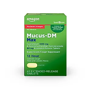 Amazon Basic Care Maximum Strength Mucus DM, Expectorant and Cough Suppressant Extended-Release Tablets, 42 Count