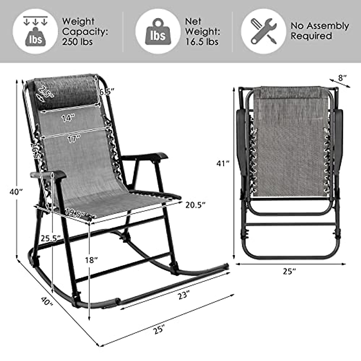 Goplus Folding Rocking Chair, Zero Gravity Rocking Camping Chair with Pillow & Armrests, Folding Lounge Rocker for Outdoor Beach Poolside Yard Garden Indoor