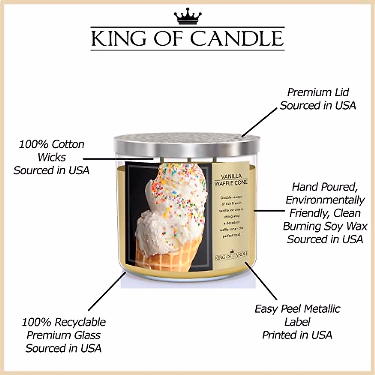 King of Candle - Vanilla Waffle Cone Candle | Large 3 Wick Highly Scented Soy Wax/Long Lasting/Vanilla Bean Ice Cream Scented Candle | 14 oz + Decorative Lid