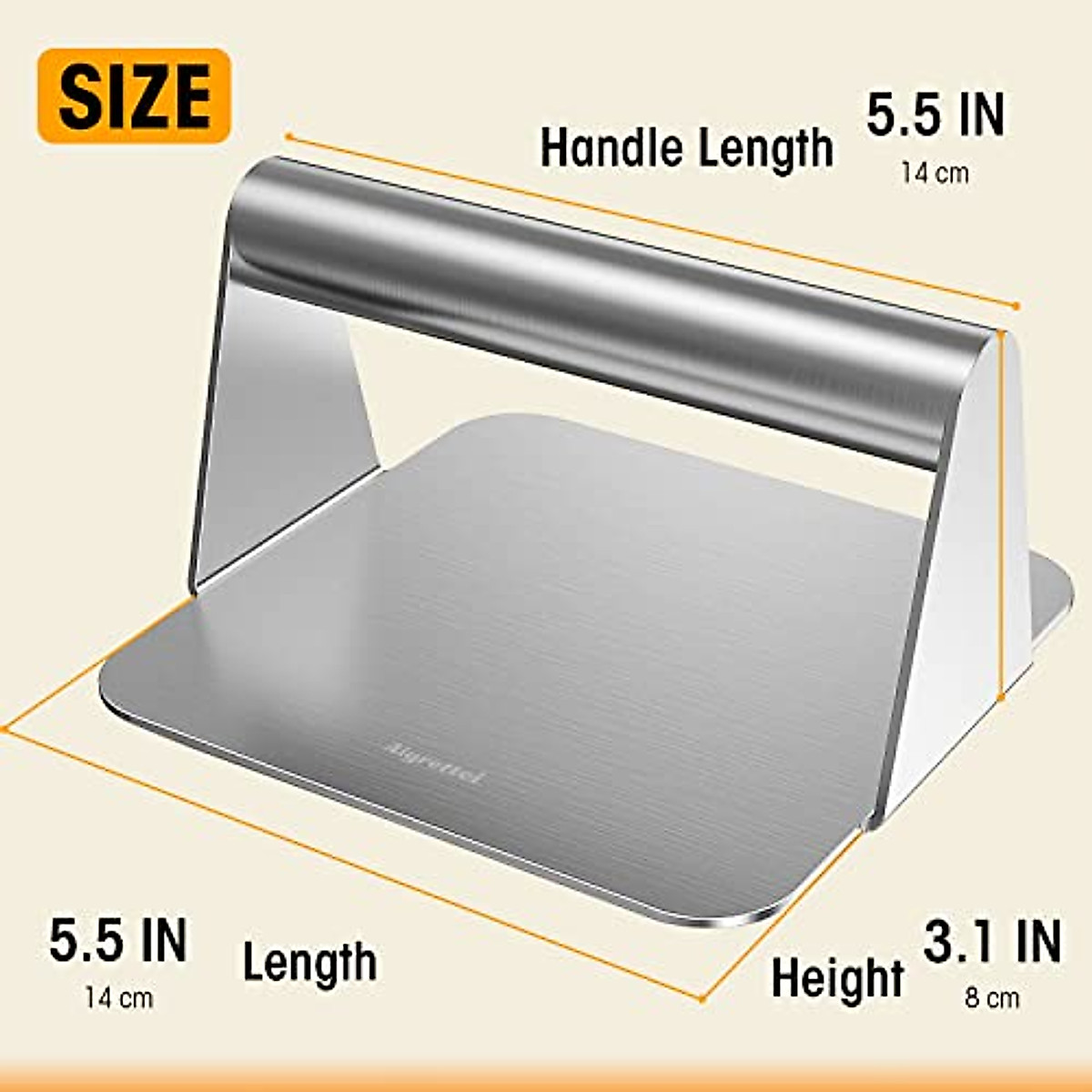 Aigrettei Burger Press - Heavy Duty Smooth Stainless Steel Hamburger Presser for Grill, Griddle, Patty, Bacon, Ham & Grilled Sandwich - Non-Stick & Dishwasher Safe, Grilling Accessories - 5.5x5.5